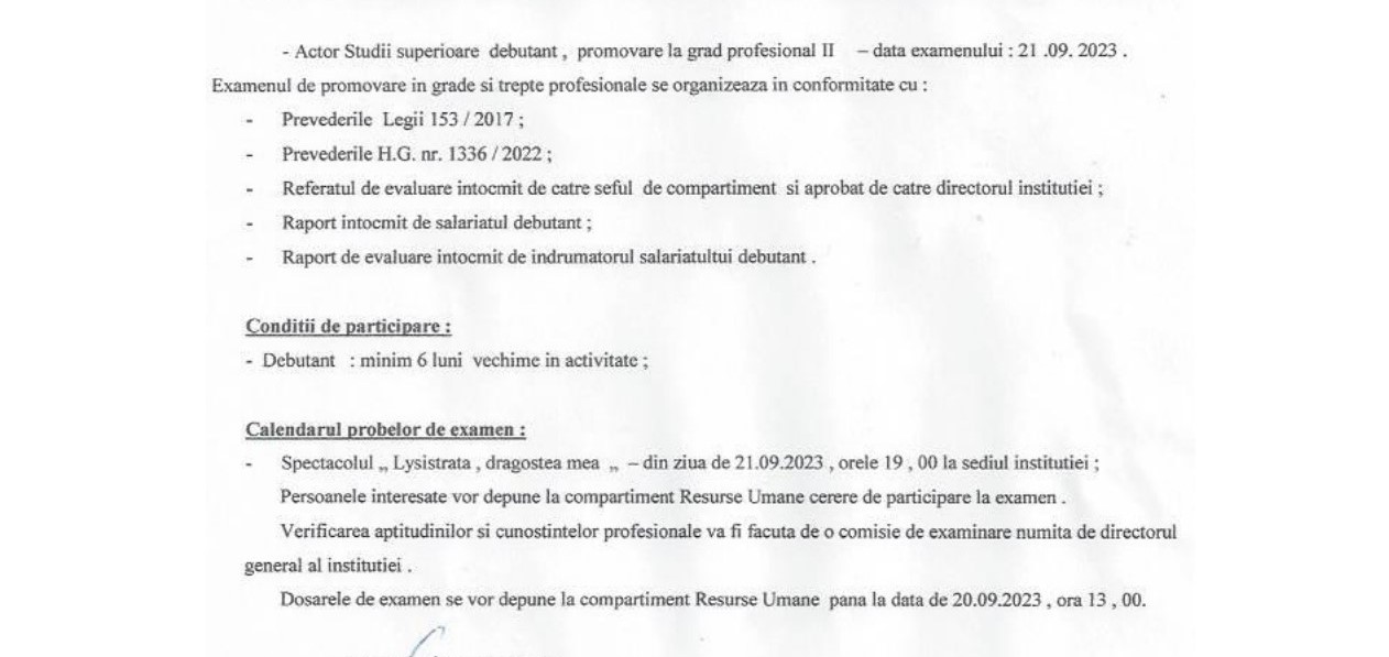 Anunț examen actor debutant - Teatrul Național Iași